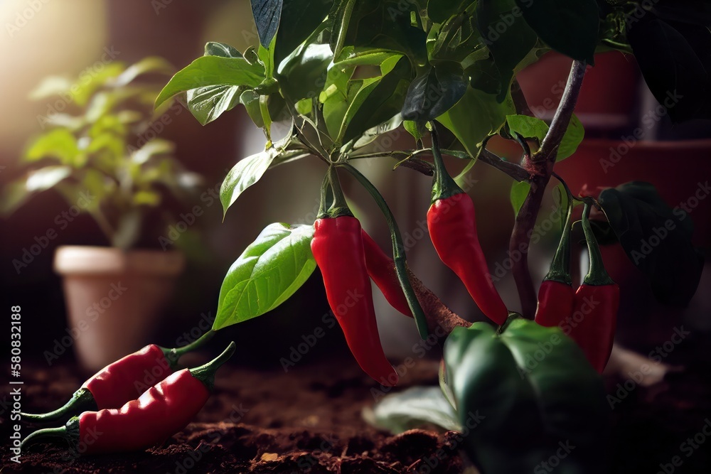A bountiful cluster of red hot chili peppers is flourishing in a rustic ...