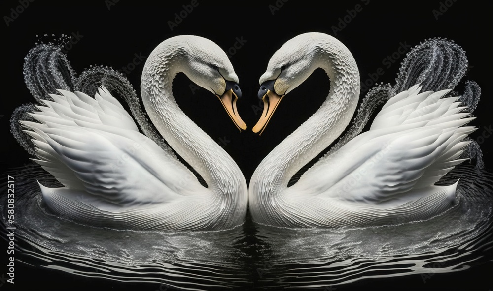 two white swans in the water making a heart shape with their beaks open ...