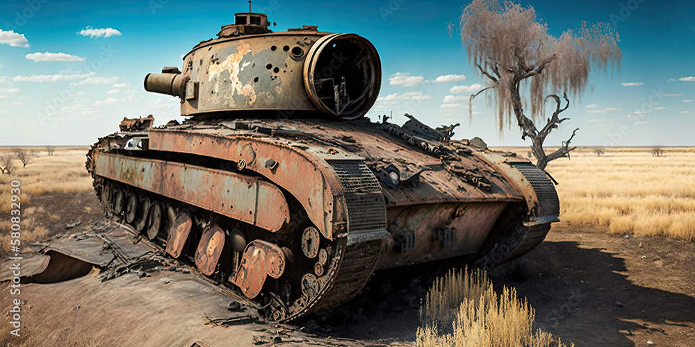 2022 a destroyed Russian tank sits rusting on the batt, generative ...