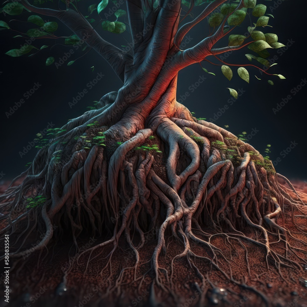Tree with root system going deep into the ground, soil cross ...