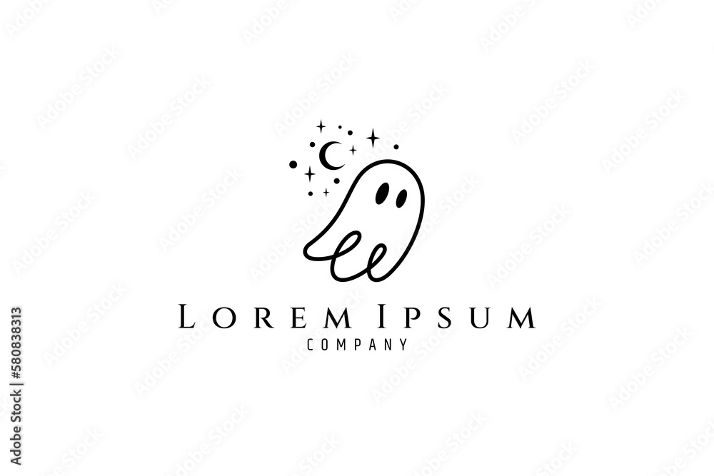 Vector cute flying ghost logo on crescent moon and stars background in ...