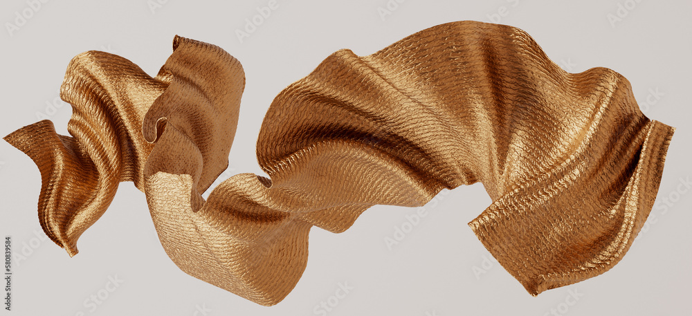 Golden flying fabric piece of cloth, floating fabric folds 3d rendering ...