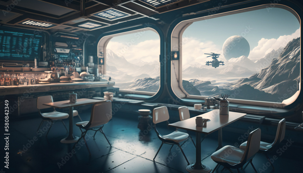 Canteen in Space station with a view into space - Space wallpaper ...