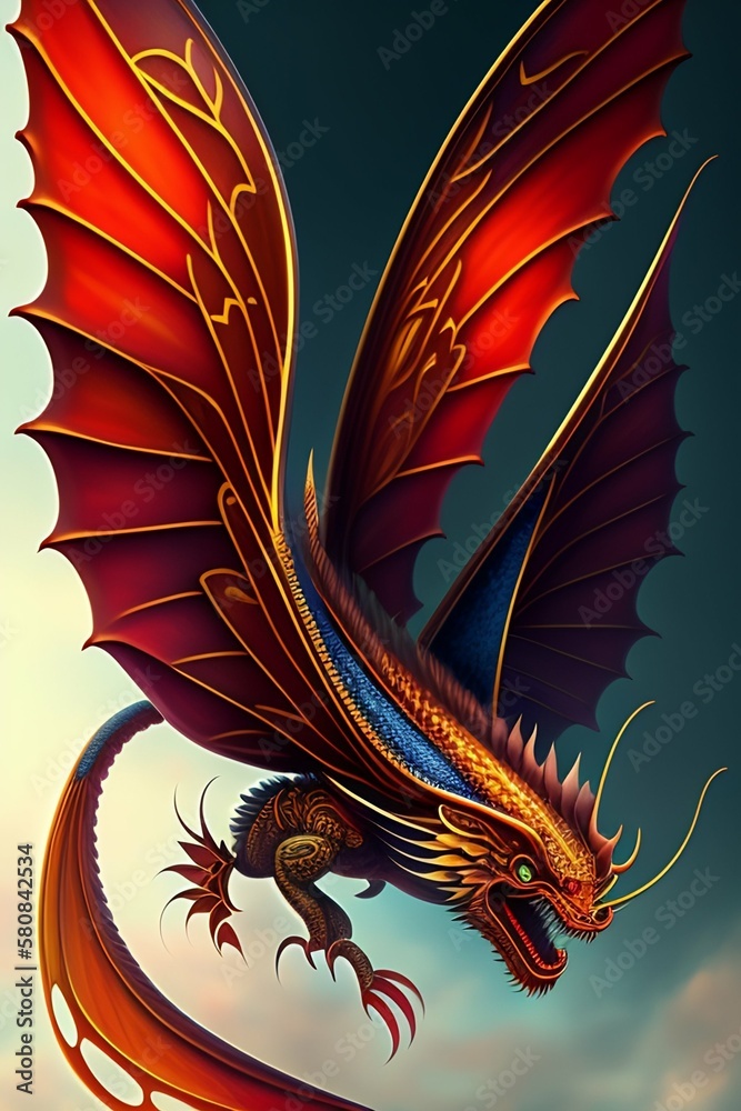 beautiful butterfly dragon, slavic ornament on the wings, AI Generative ...