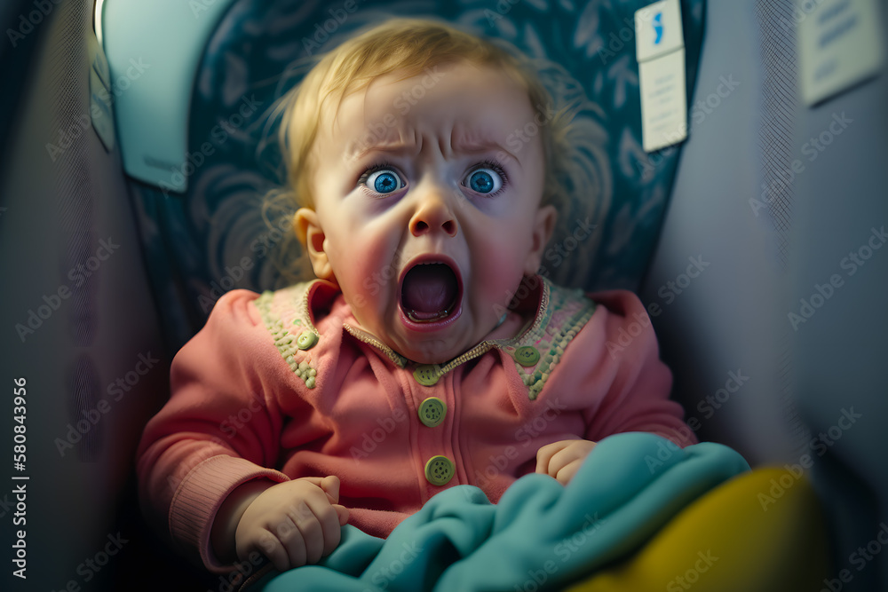 Crying girl baby inside the plane, stress, fear, scared. Tired of ...