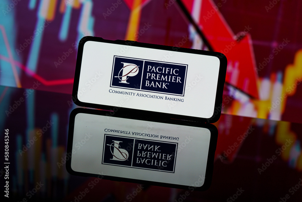 Pacific premier bank logo in red background. Bank collapse. Bank ...