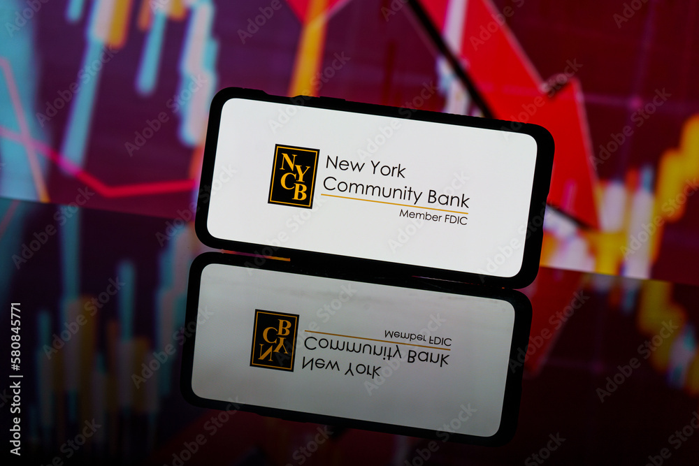 New York Community Bank logo in red background. Bank collapse. Bank ...
