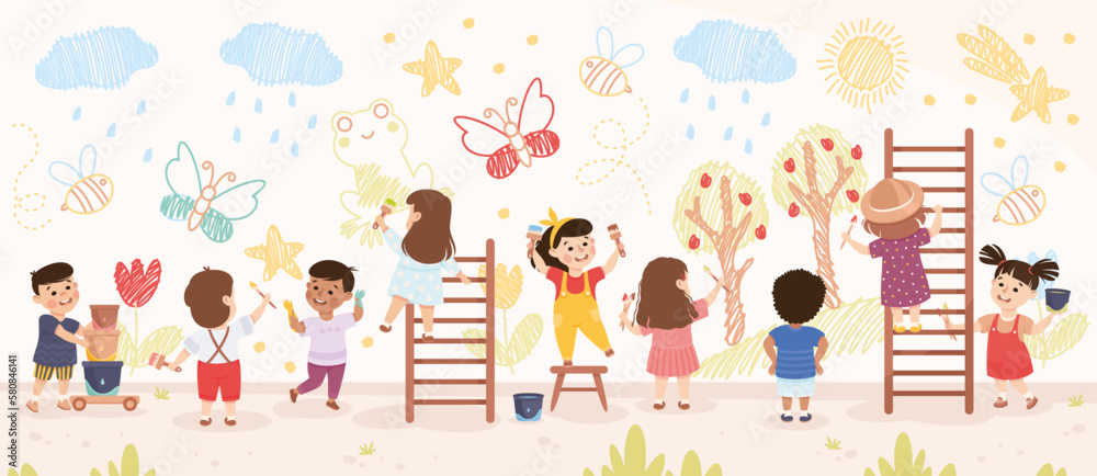 Cute Children Drawing on the Wall with Paint Brush Vector Illustration ...
