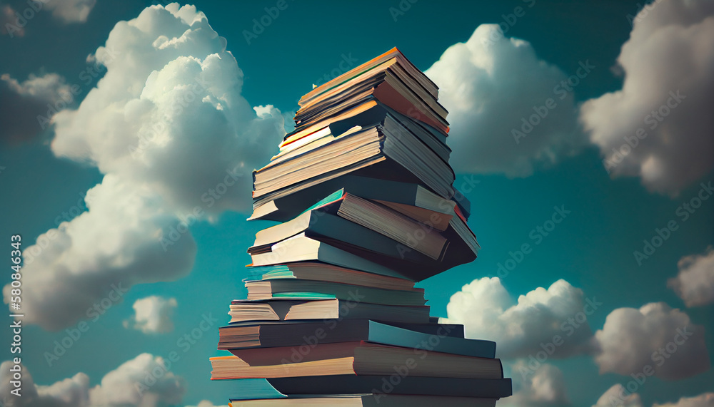 Abstract book stack with ladder on sky with clouds background. Ladder ...