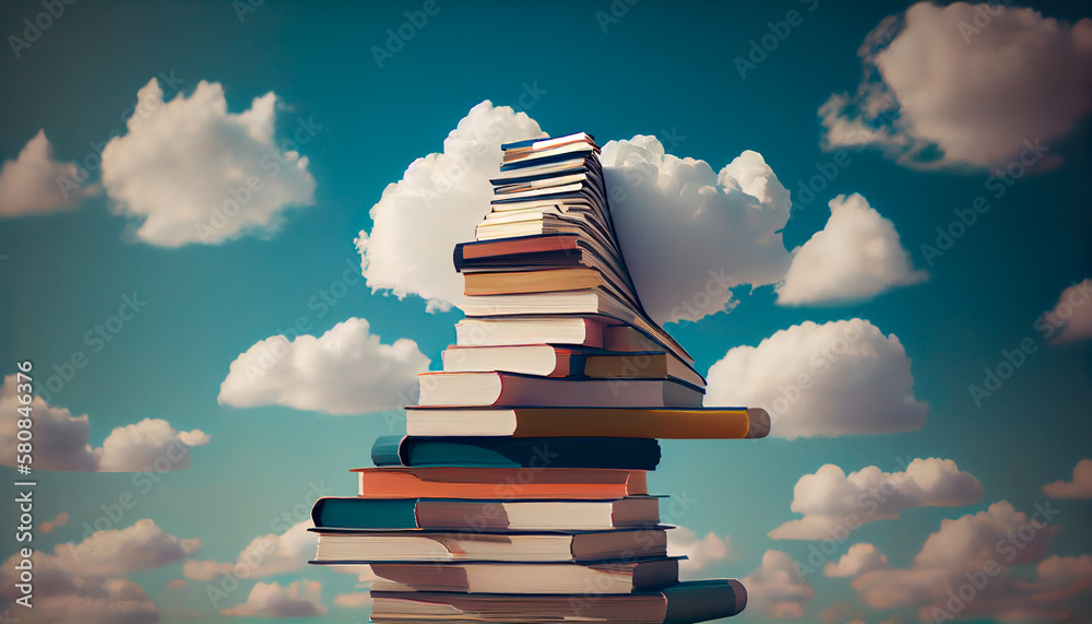Abstract book stack with ladder on sky with clouds background. Ladder ...