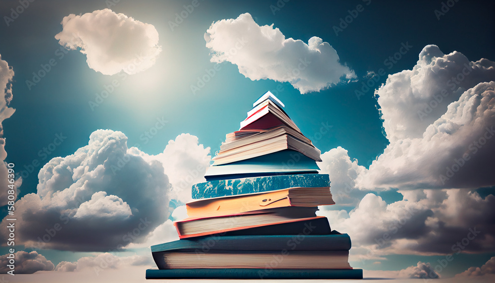 Abstract book stack with ladder on sky with clouds background. Ladder ...