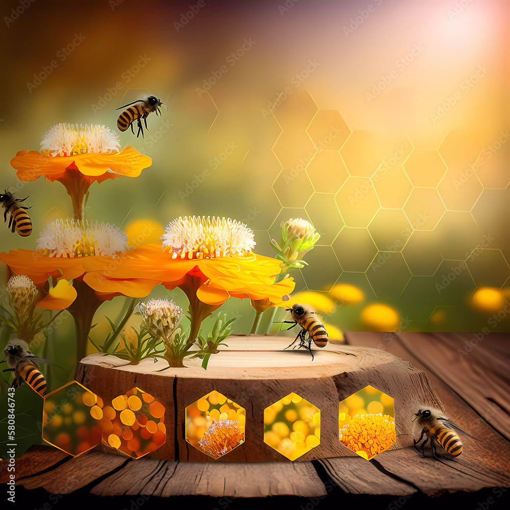 Bees on flowers. Honeycombs. Wooden tabletop. Background. AI generated ...