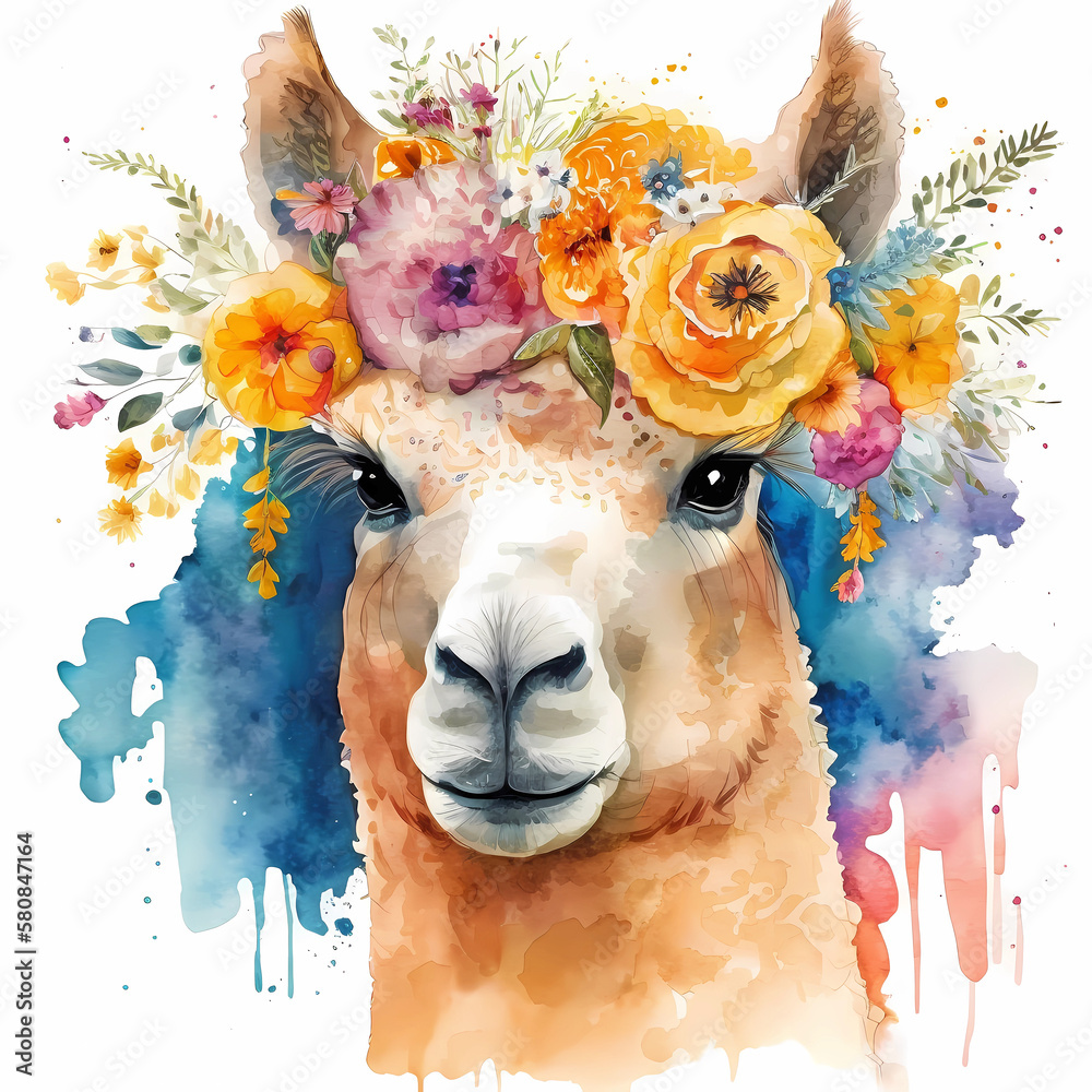 Watercolor cute alpaca in flowers wreath painting. Realistic wild ...