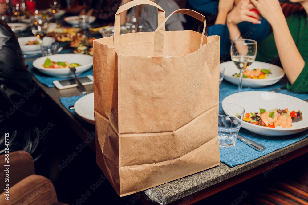 dessert paper bag waiting for customer on counter in modern cafe coffee ...