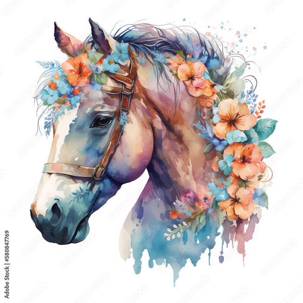 Watercolor cute horse in flowers wreath painting. Realistic wild animal ...