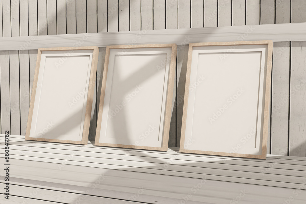 triple set wooden frame mockup perspective shot realistic 3D poster ...