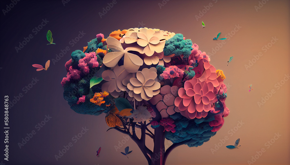 Human brain tree with flowers and butterflies, self care and mental ...