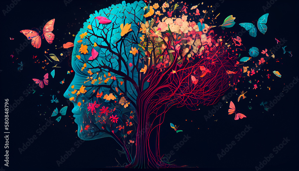 Human brain tree with flowers and butterflies, self care and mental ...
