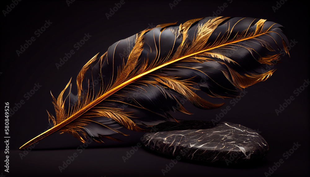 Ultra realistic black marble feather with gold textures and dynamic ...