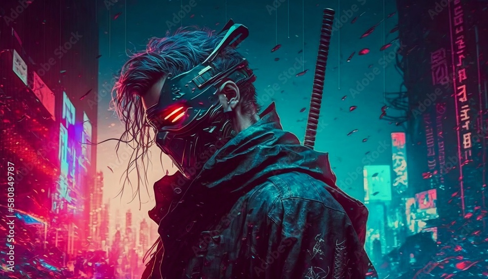 Shadow warrior cyberpunk ninja. Generative AI Stock Illustration | Adobe Stock