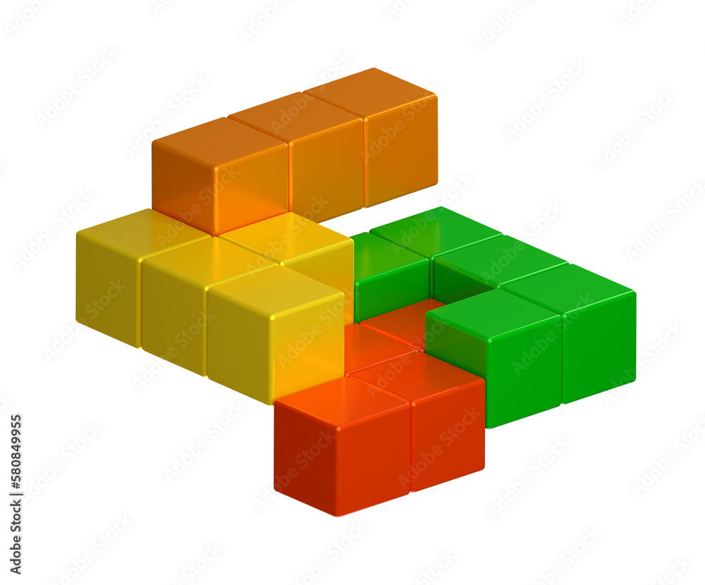 Crystal cube. 3D building block set. Isometric blocks. Abstract construction from isometric ...