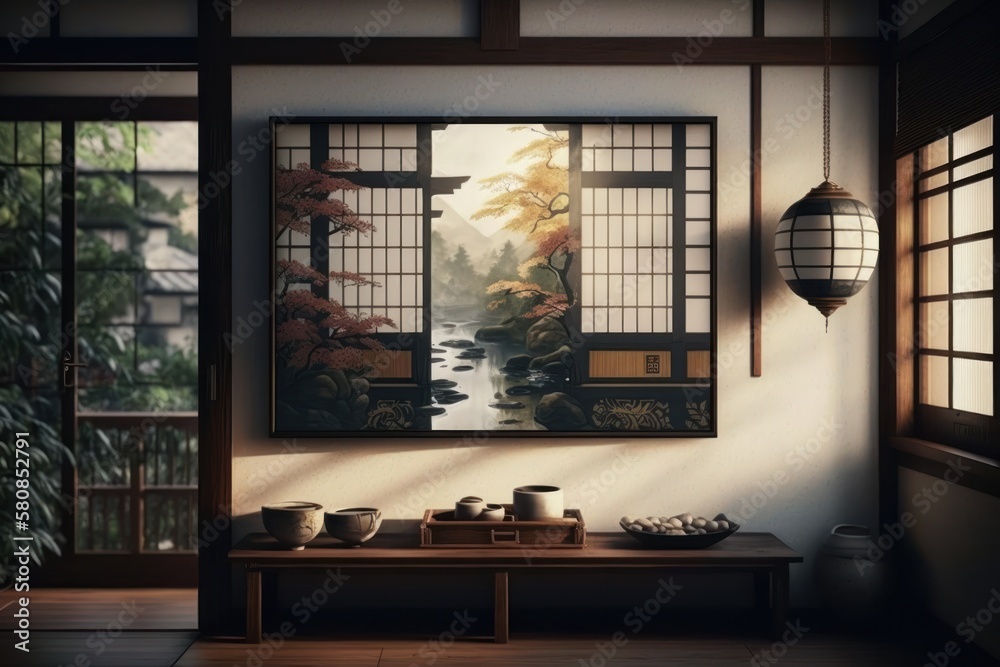 Japanese style room interior with canvas on the wall. Frame layout with ...