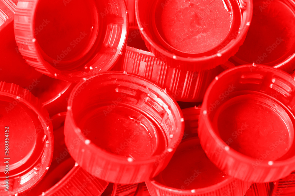 Plastic bottle caps background. Collecting bottle caps texture. Red ...
