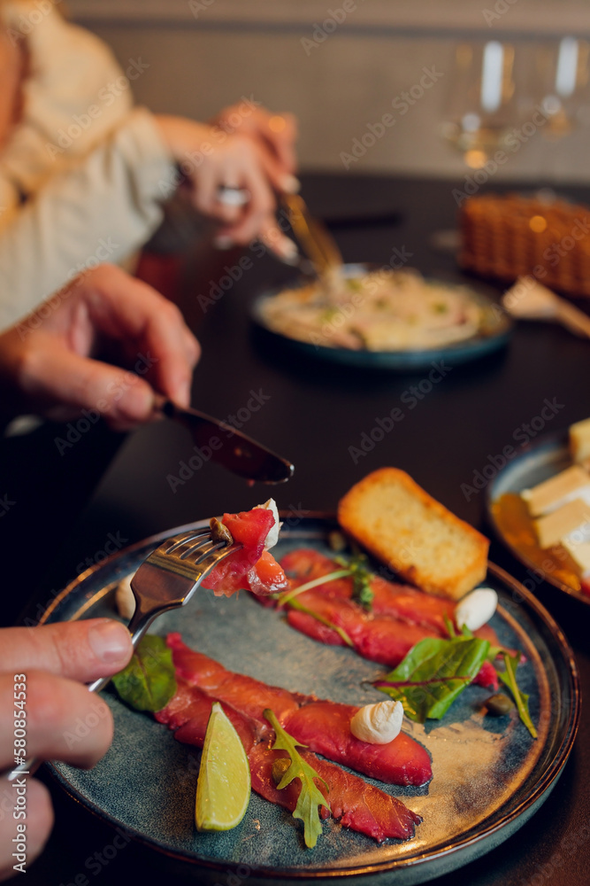 Breakfast plate with traditional spanish food, jamon, fried egg, potato ...