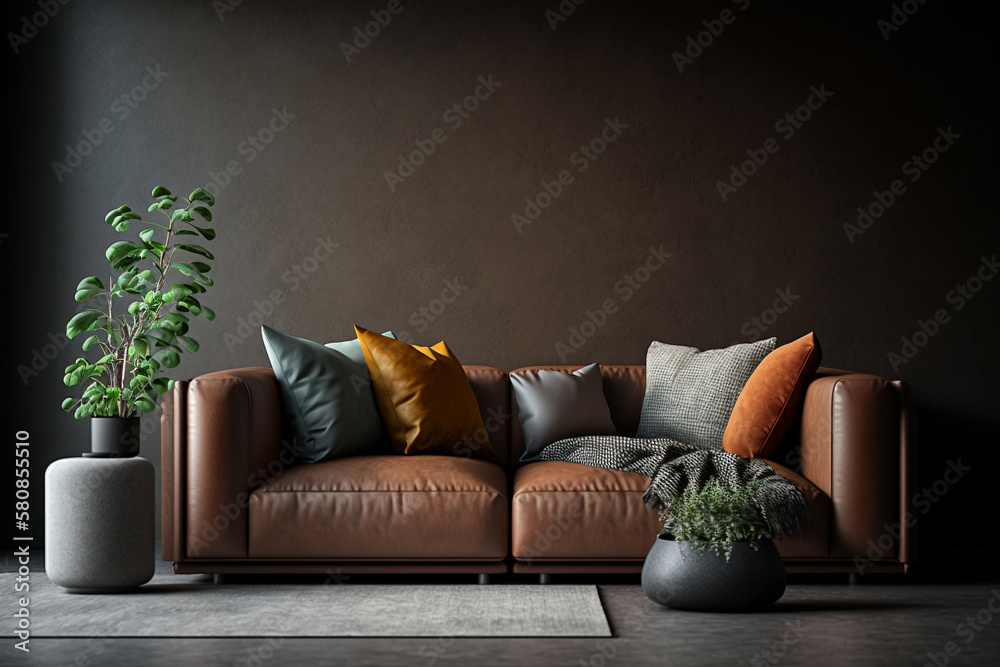 Modern living room interior design, brown leather sofa, and dark pastel ...