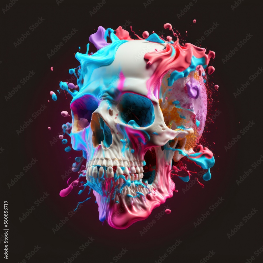 human skull and brain, creamy splash abstract, isolated on background ...
