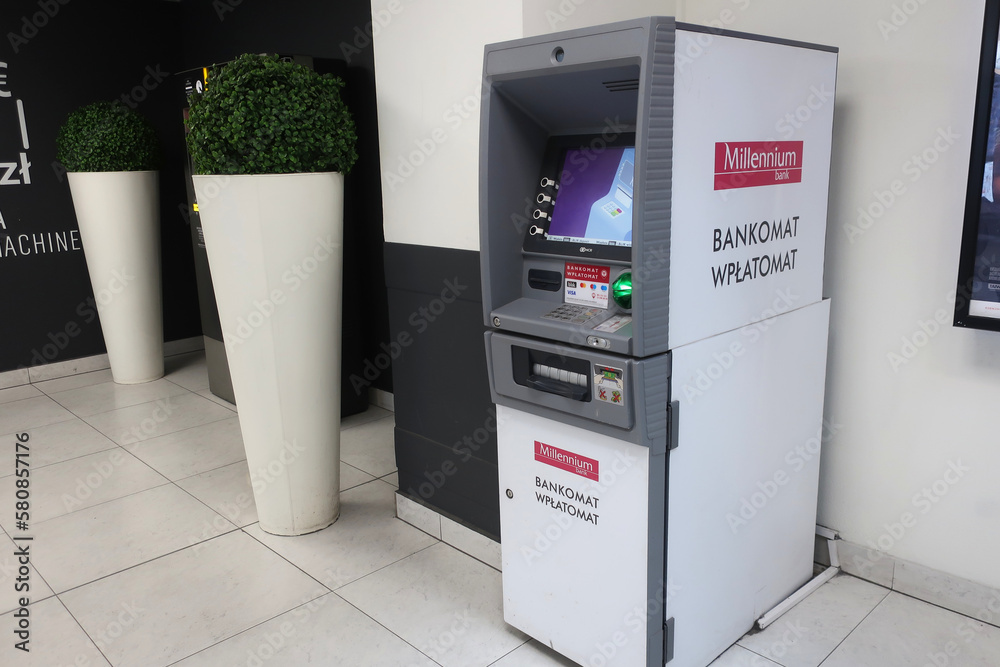 Millennium bank ATM, cash deposit machine at Westfield Mokotow shopping ...