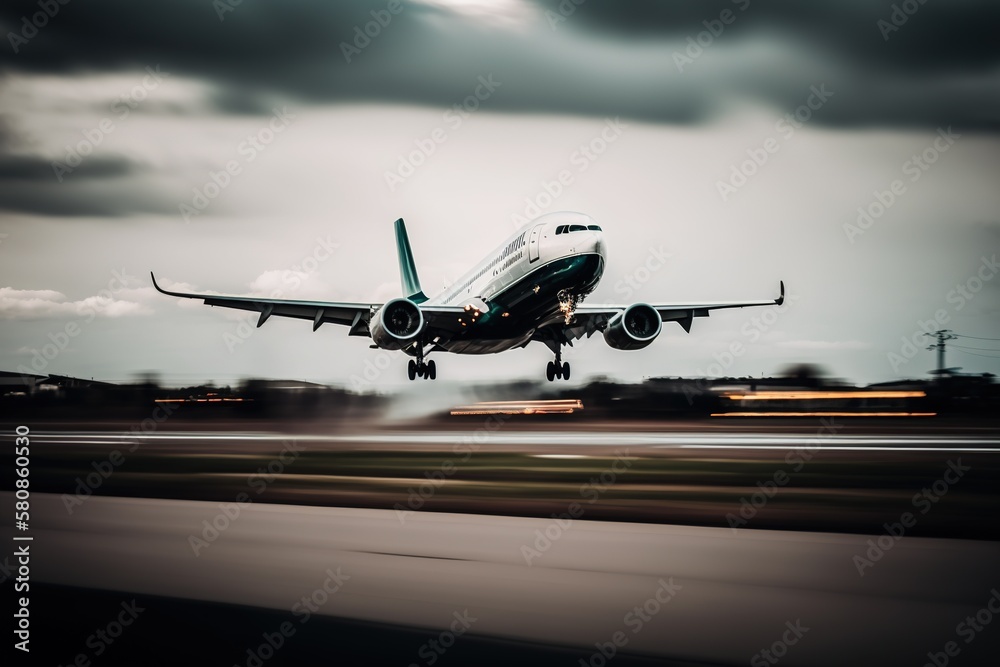 The plane takes off. The airplane takes off. Airplane landing at sunset ...