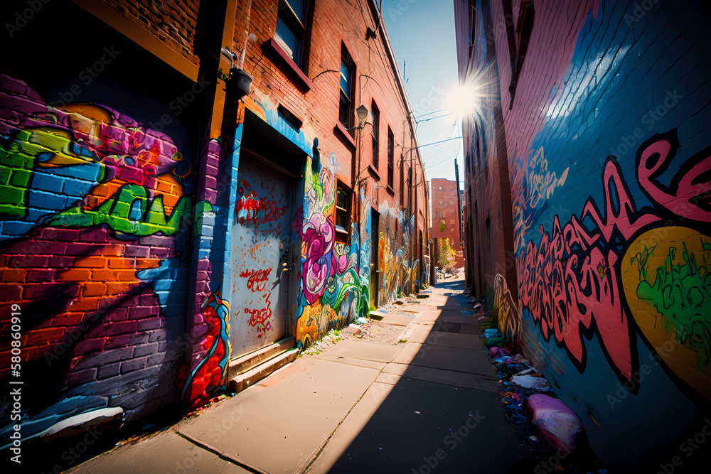 Graffiti Covered Alleyway in the Late Afternoon, Colorful Paint on ...