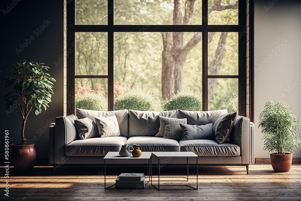 modern living room with sofa on wooden floor, Empty wall with large ...