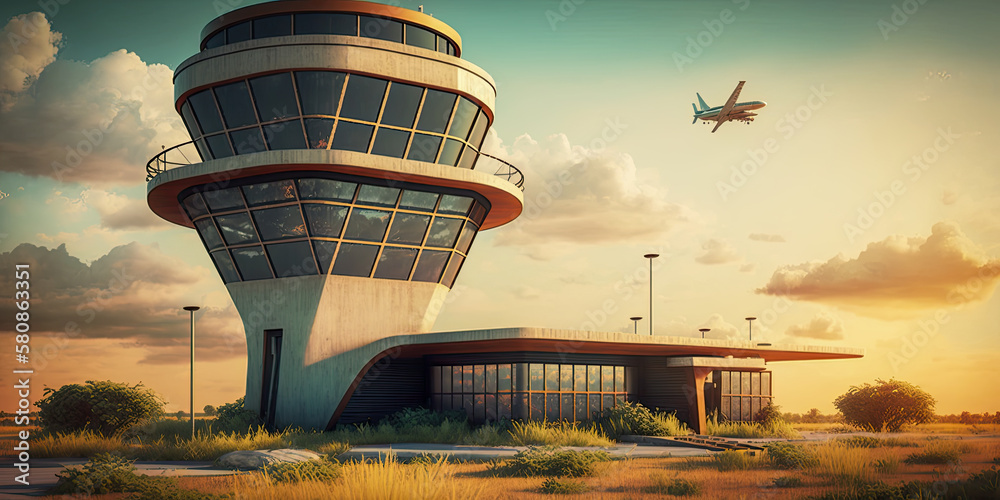 Airport building and airplanes on runway, control tower in sight ...