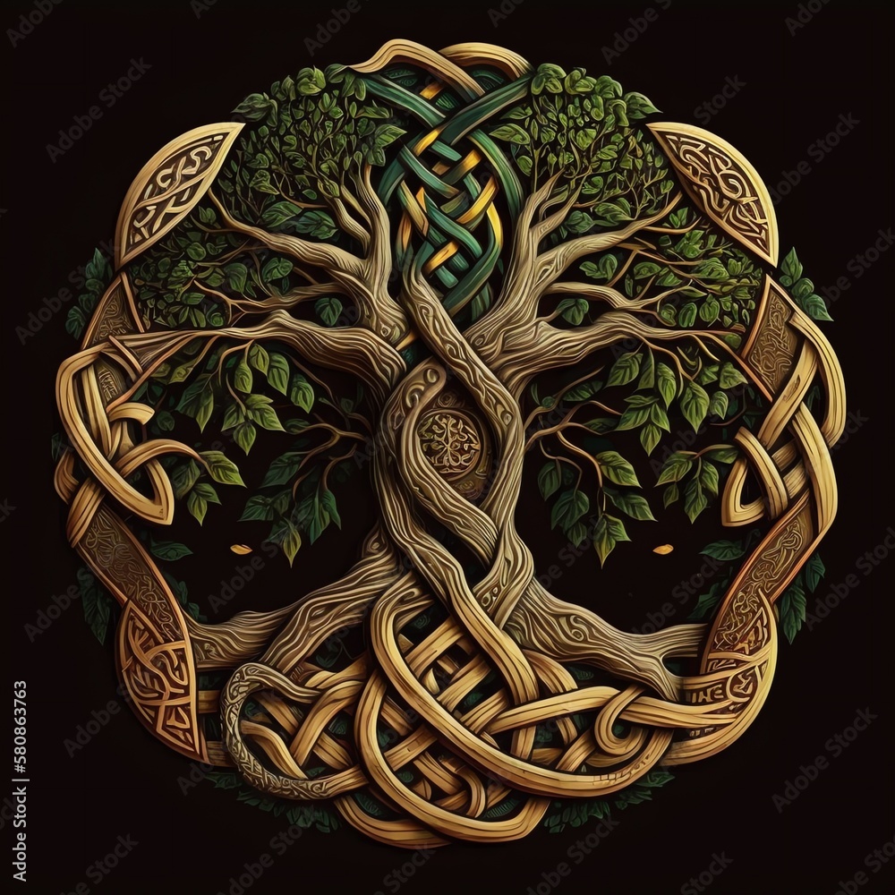 wooden Celtic Knot in the shape of a Tree of Life, black background ...
