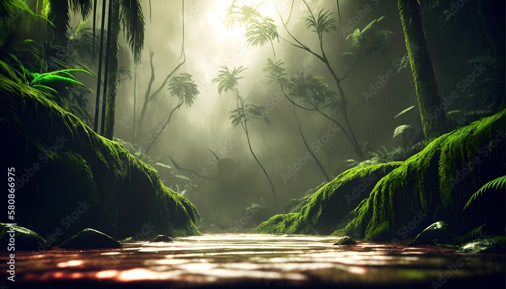 Jurassic period landscape with roaring dinosaur in a wet tropical ...