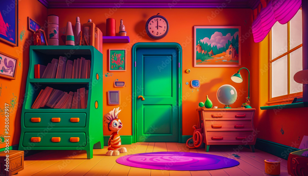 An animated room with colorful furniture and clock on the wall ...