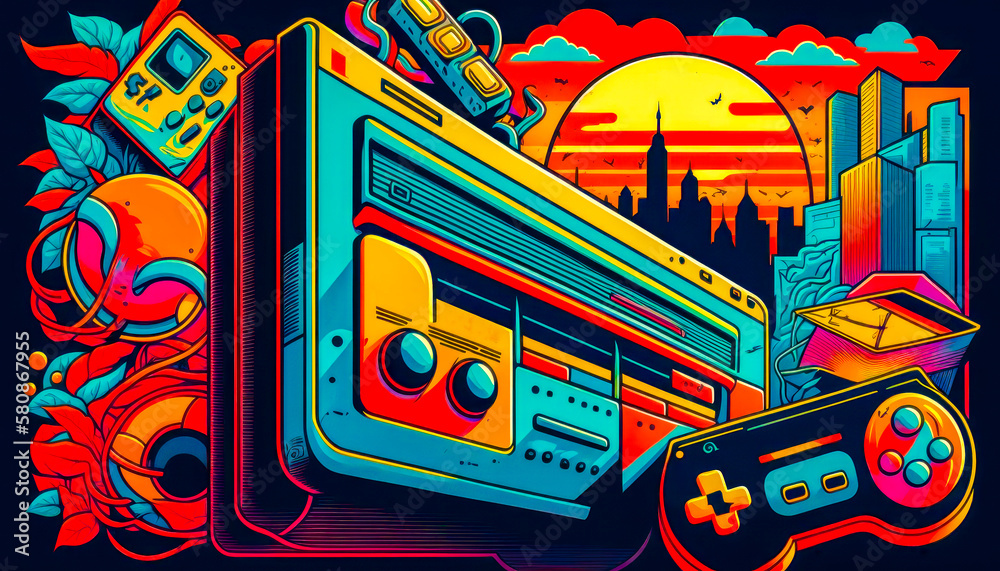 An illustration of retro video game console. Graphic effects with ...
