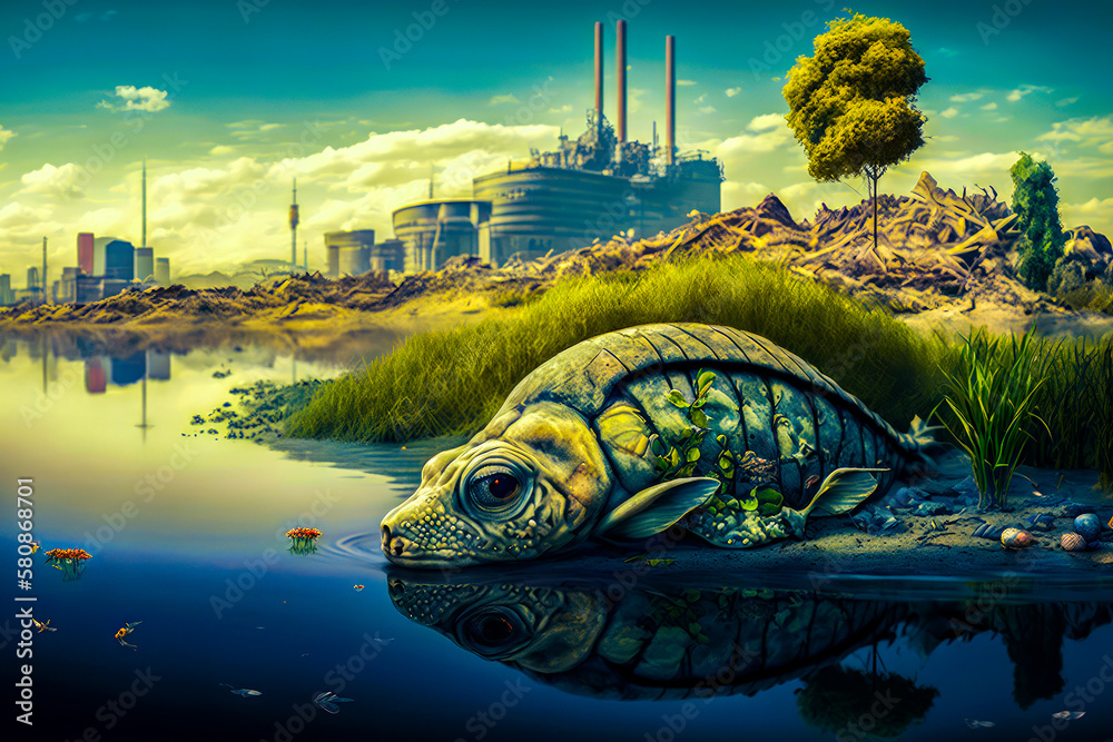 Painting of turtle in the water near an industrial plant. catastrophic ...