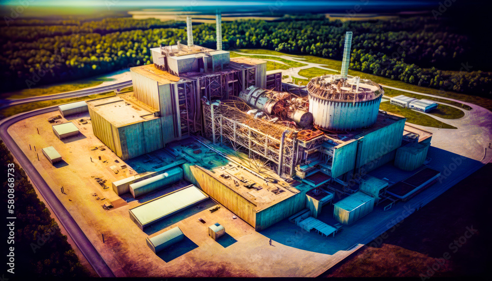 An aerial view of nuclear power plant. Summer, construction began ...