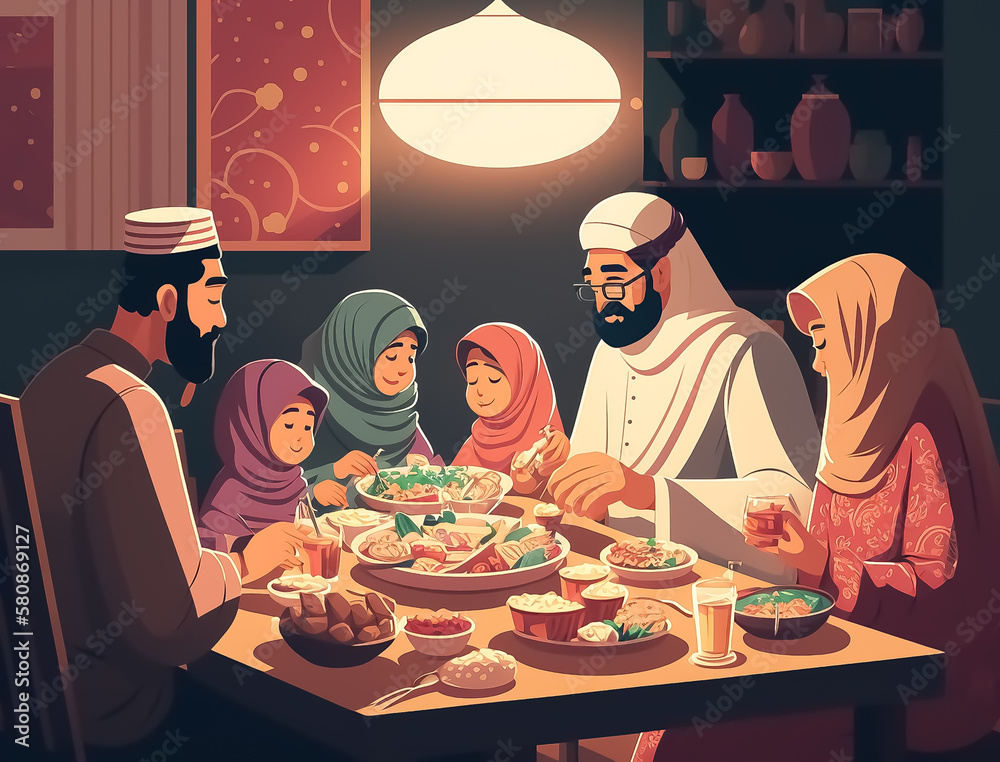 Happy Muslim family having iftar dinner to break fasting during Ramadan ...