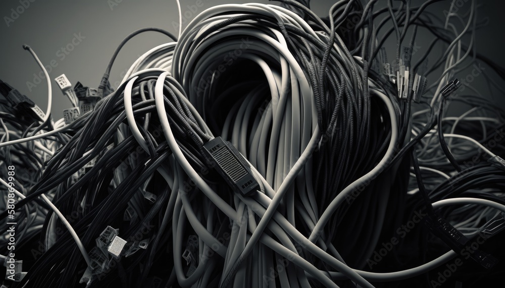 A collection of black computer cables arranged in a messy pile, lit by ...
