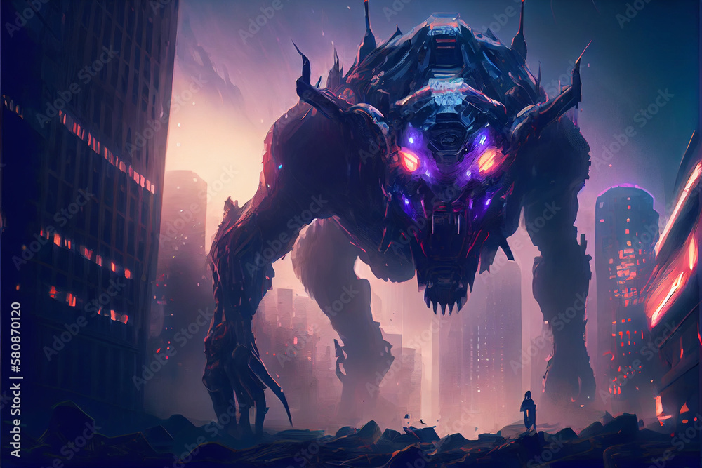 giant monster invading night city. science fiction. Futuristic scene ...