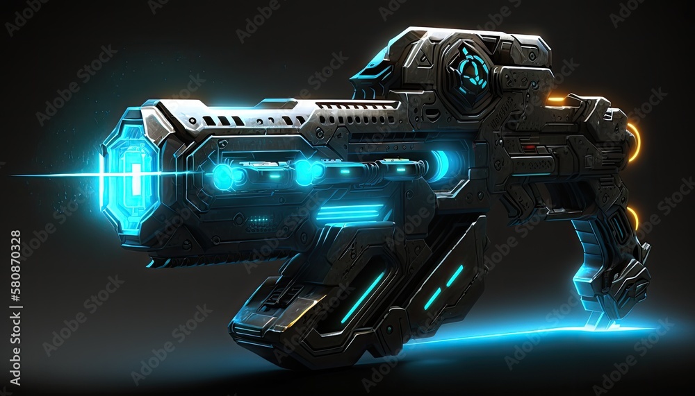 A sleek and futuristic sci-fi rifle with neon blue accents on a black ...