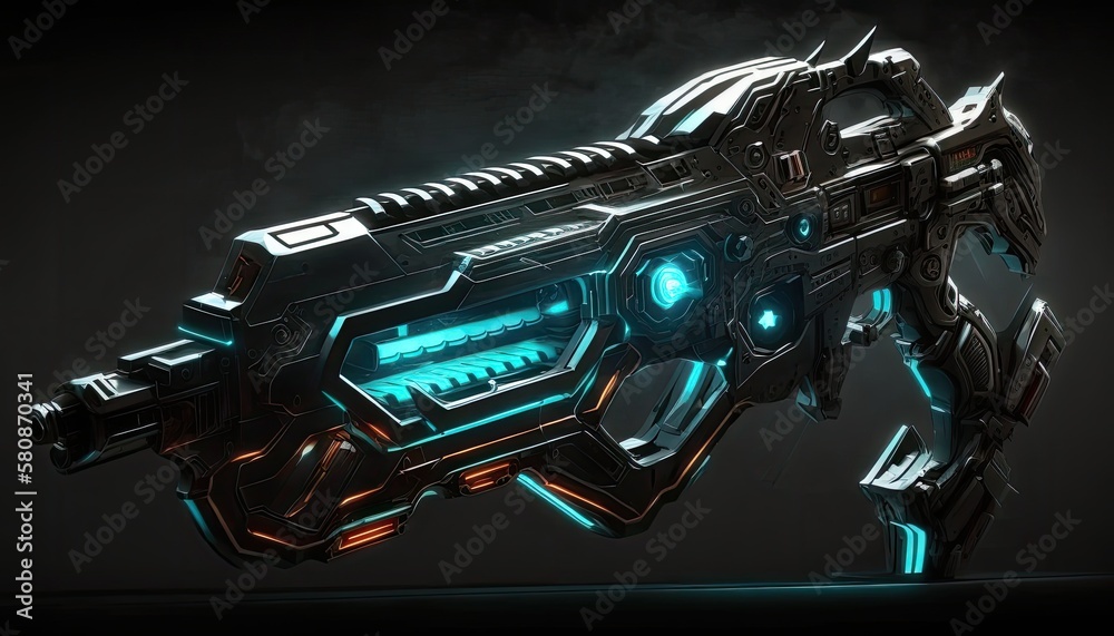 A sleek and futuristic sci-fi rifle with neon blue accents on a black ...