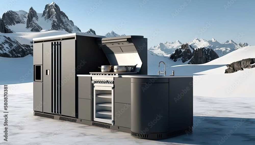 A sleek and modern outdoor kitchenette set up on a snowy mountain top ...