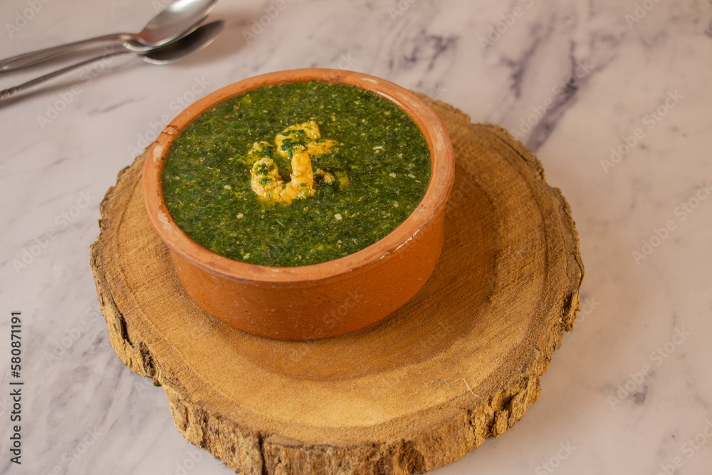 Egyptian Molokhia with shrimp. Egyptian typical recipe Molokhia is an ...