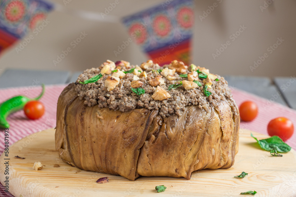 Maqluba dish. It is an Arabian dish that contains eggplant, rice and ...