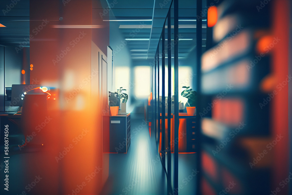 Modern office environment with neon colours. Blurry and defocus office ...